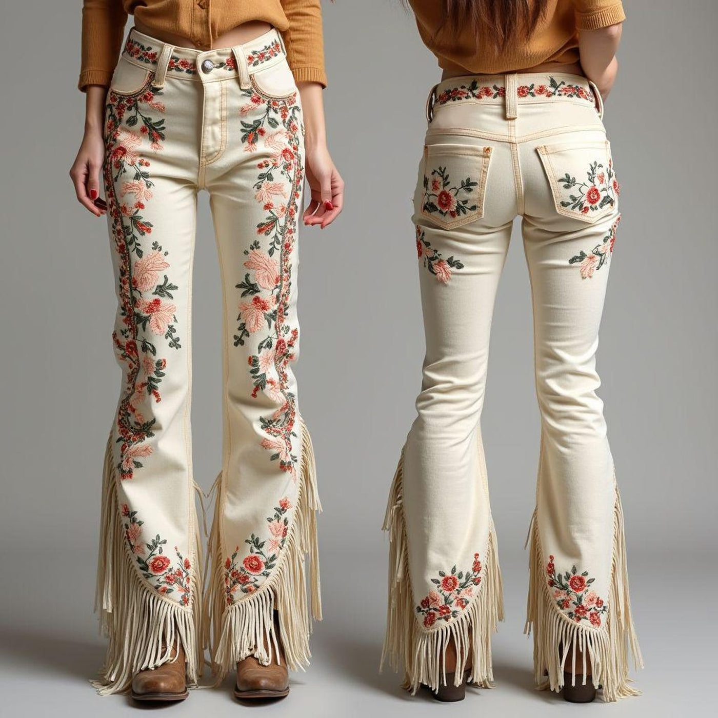 Floral Embroidered Fringed Western Dress Pants | Addicted Bespoken